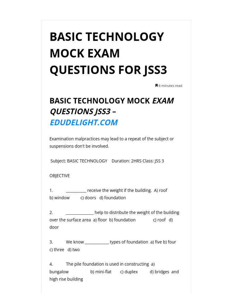 Basic Technology Mock Exam Questions For JSS3 | PDF | Electrical Wiring | Concrete