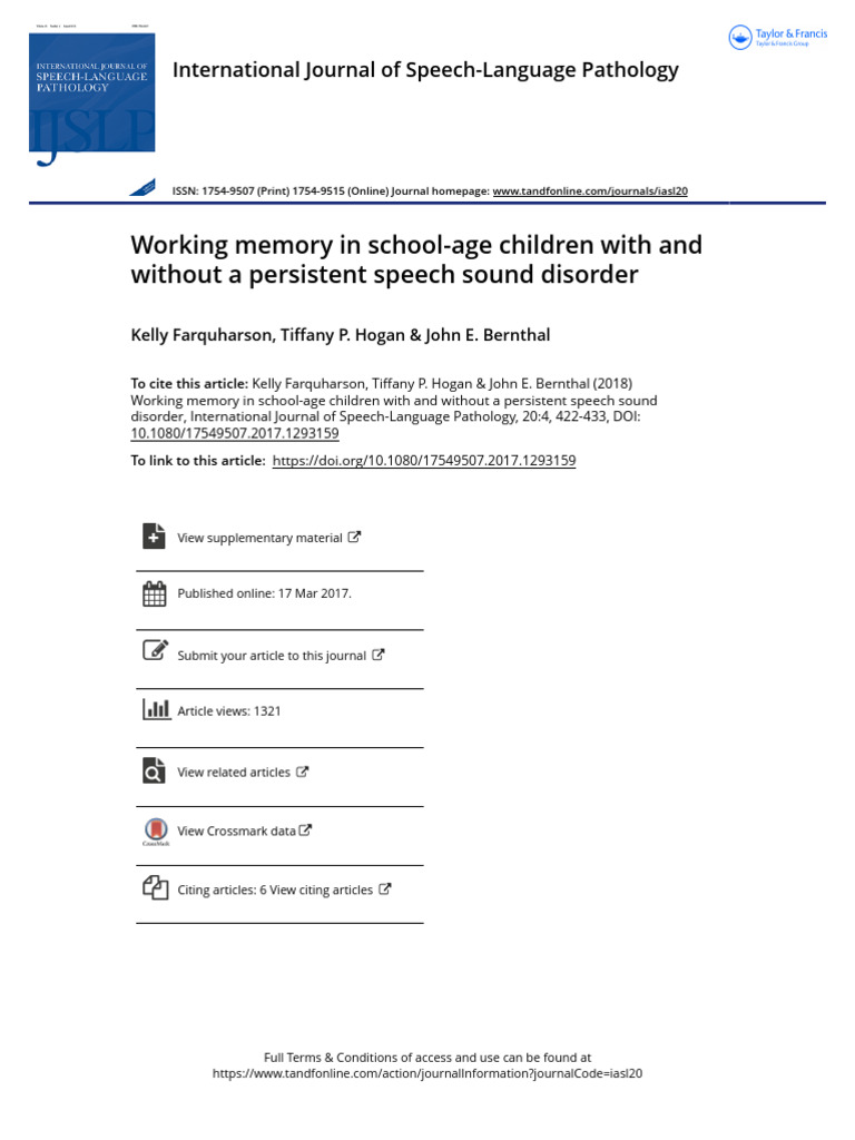 Working Memory in School-Age Children With and Without A Persistent Speech Sound Disorder | PDF ...