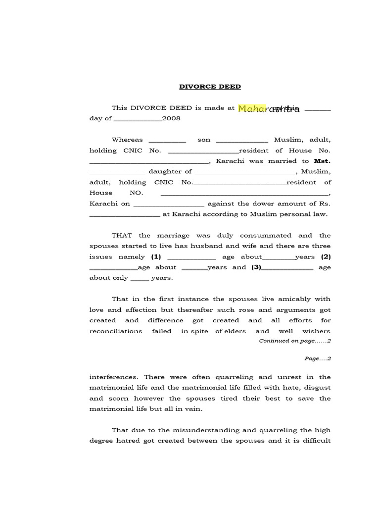 Muslim Divorce Deed Format in Pakistan | PDF | Marriage | Marriage ...