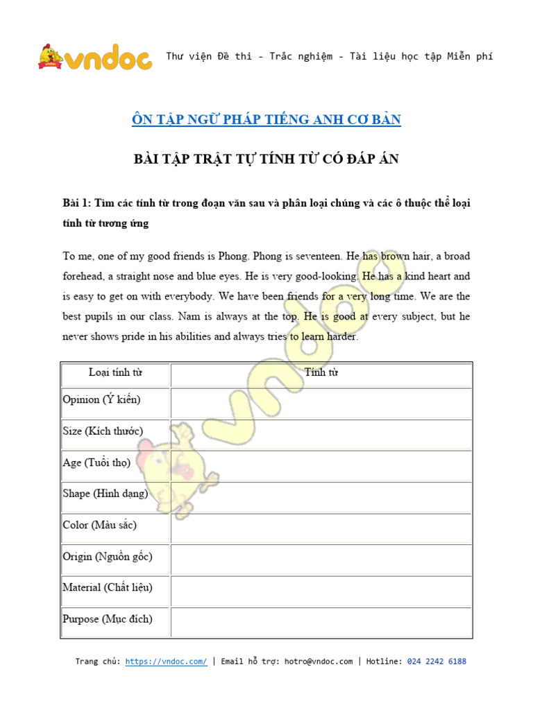 Bai Tap Trat Tu Tinh Tu Trong Tieng Anh Co Dap An | PDF