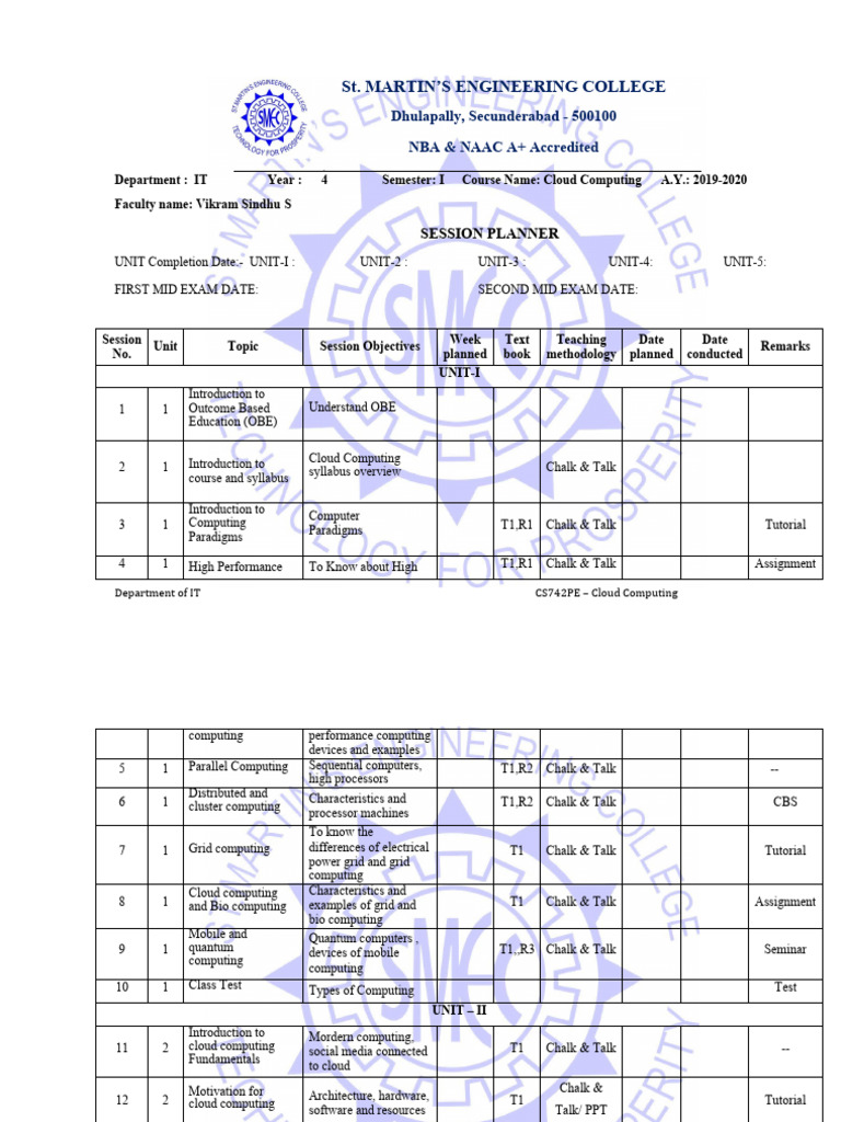 CC SESSION PLANNER New | PDF | Cloud Computing | Platform As A Service