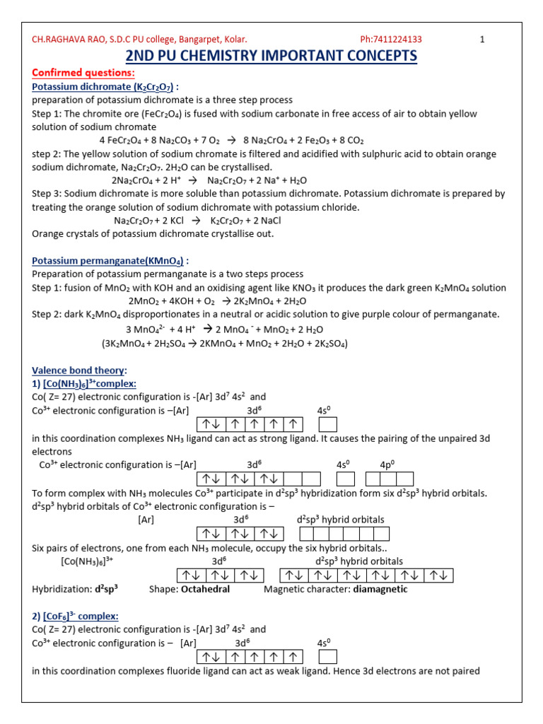 2nd Pu Chemistry Important Concept | PDF | Coordination Complex ...