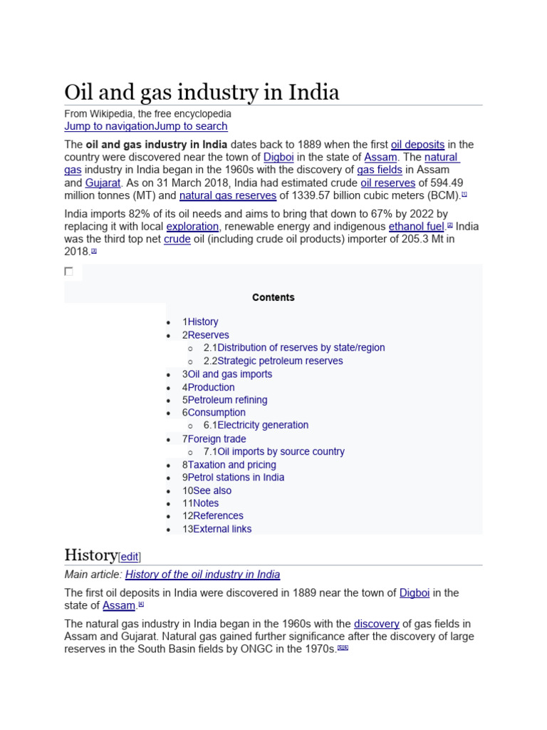 Wikipedia Oil and Gas Industry in India | PDF | Petroleum | Fossil Fuels