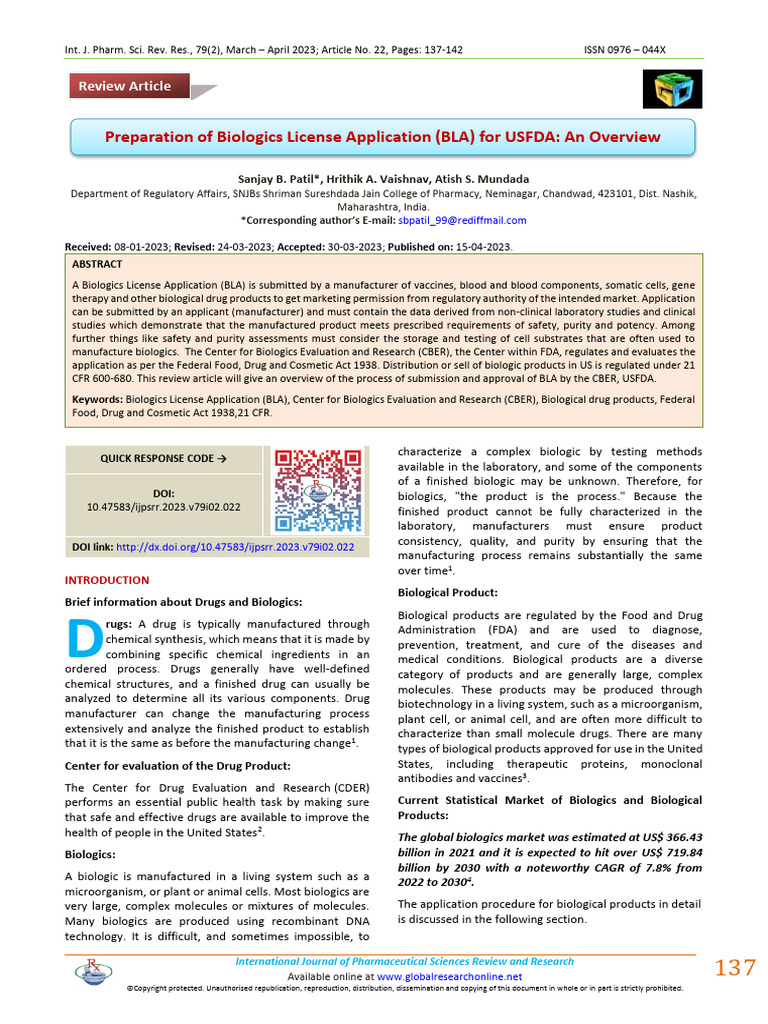 Preparation of Biologics License Application Bla For Usfda 2ziehqr5 ...