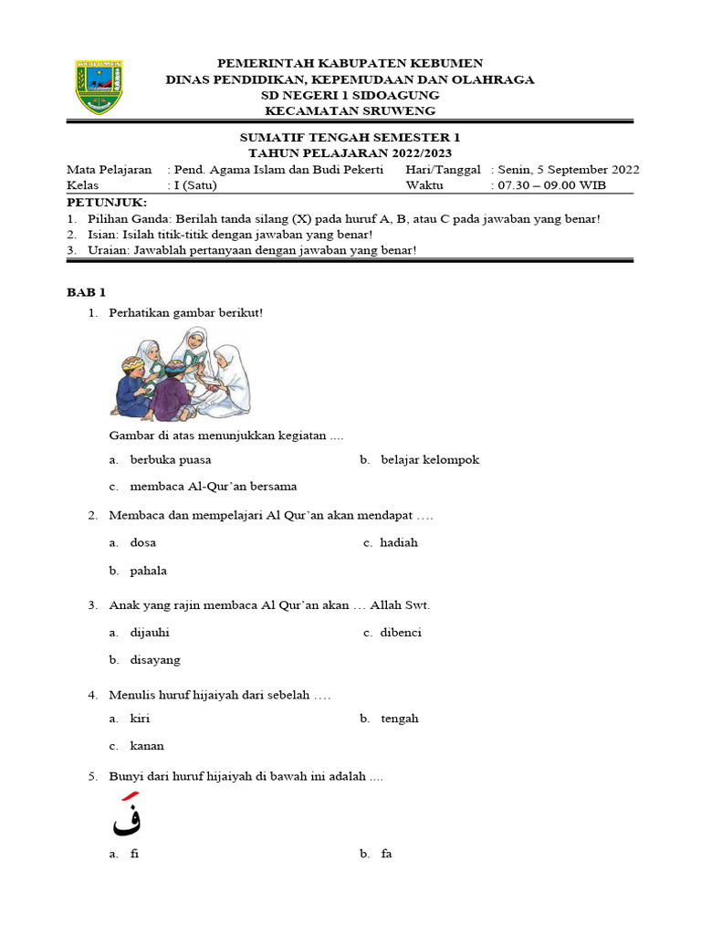 Soal STS Kelas 1 Sem 1 2022-2023 FIX | PDF