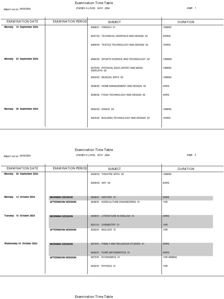 ZIMSEC A Level Exam Timetable Nov 2024 | PDF | Engineering | Science