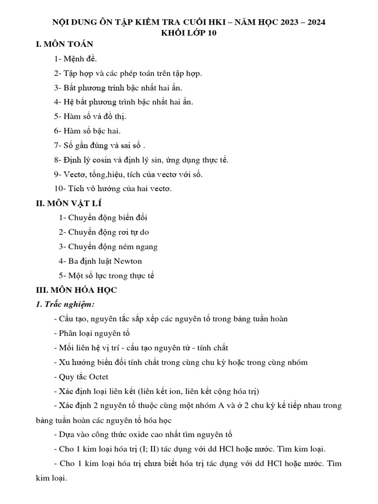 ND ÔN TẬP KIỂM TRA CUỐI HKI KHỐI 10 | PDF