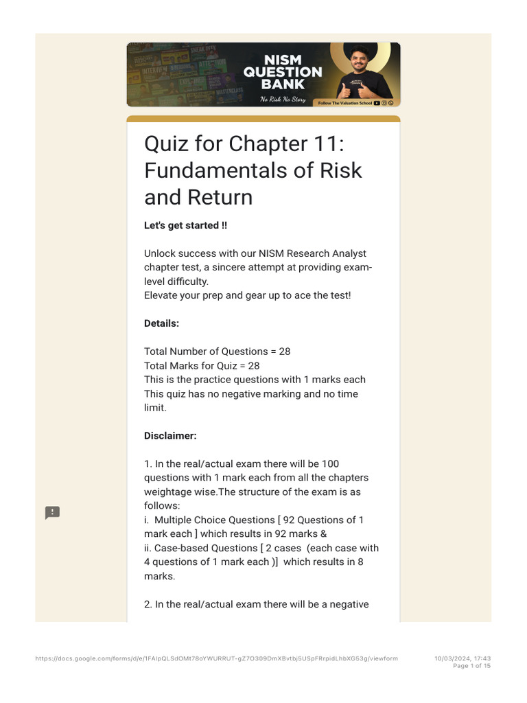 Chapter 11 Risk and Return Quiz | PDF | Financial Risk | Investing