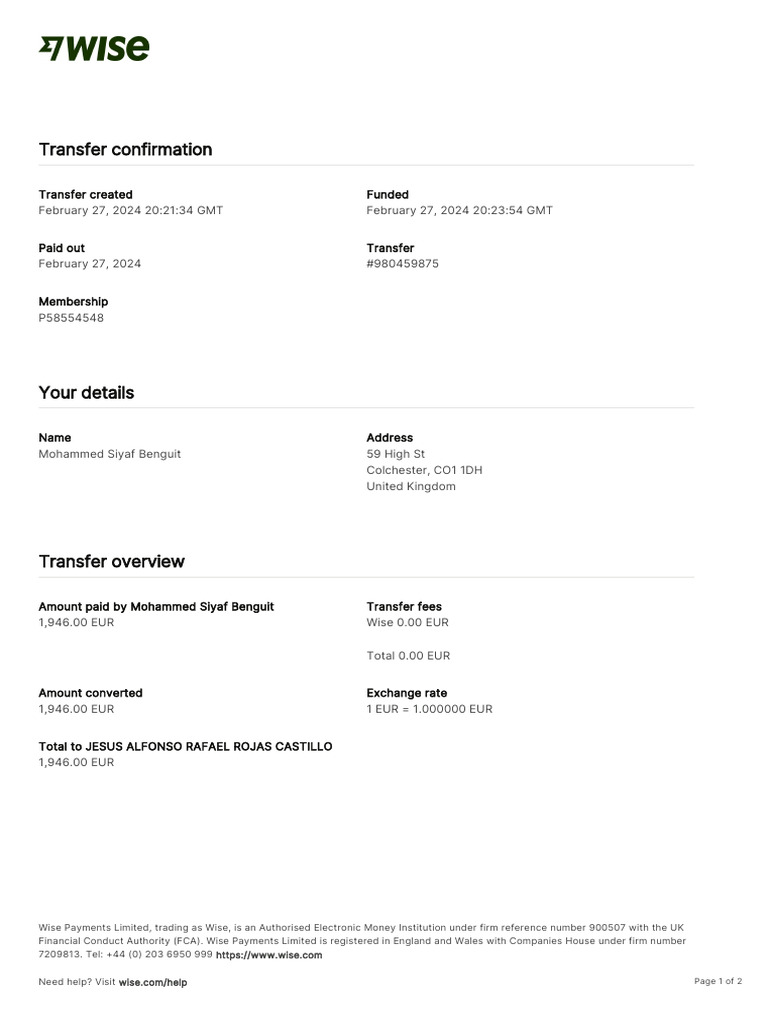 Wise Transaction Invoice Transfer 980459875 2560156703 en | PDF | Euro ...