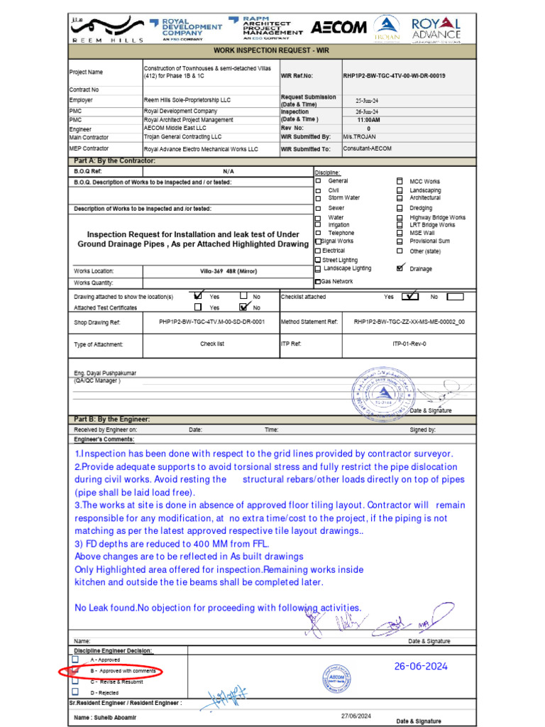 Inspection Request For Installation and Leak Test of Under Ground ...