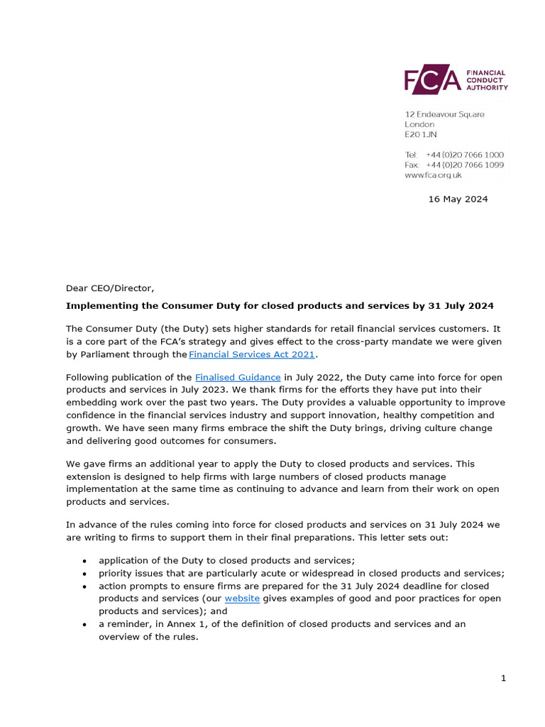 Dear Ceo Letter Implementing Consumer Duty Closed Products Services ...