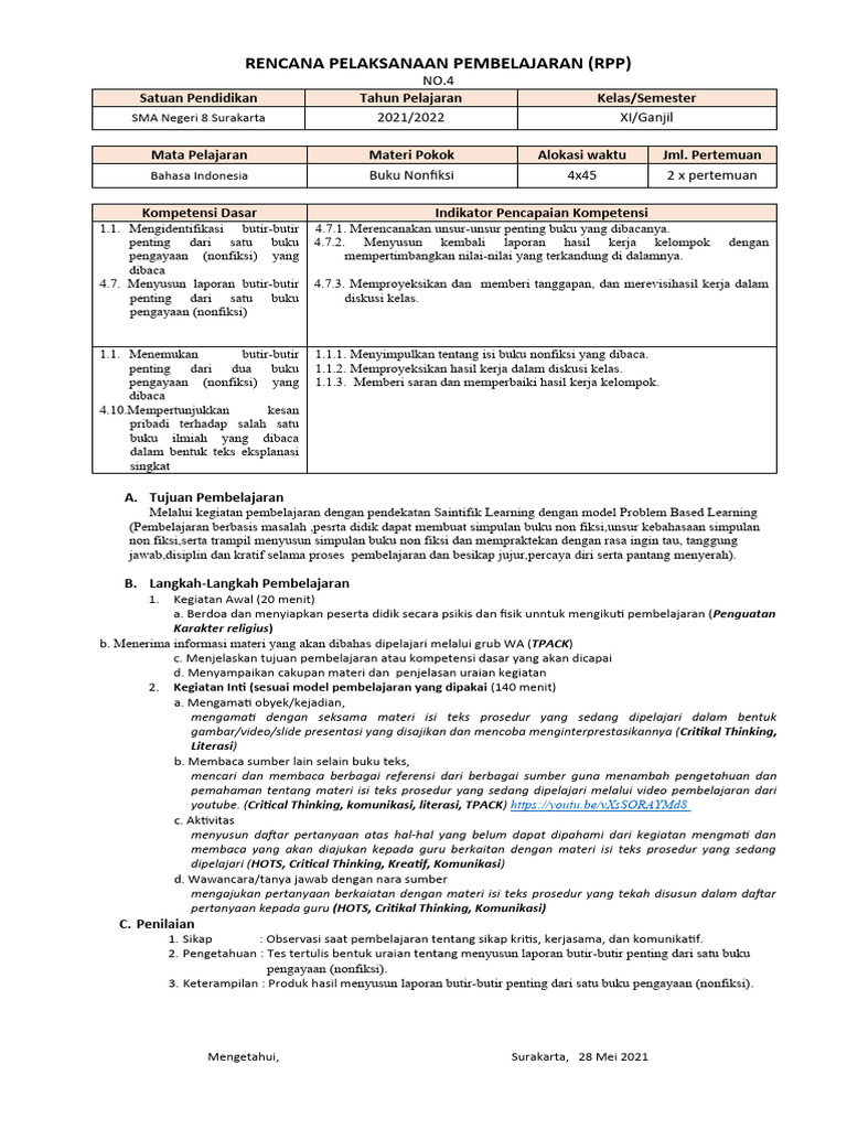 RPP 1 Lembar Buku Non Fiksi | PDF | Karier & Perkembangan | Seni