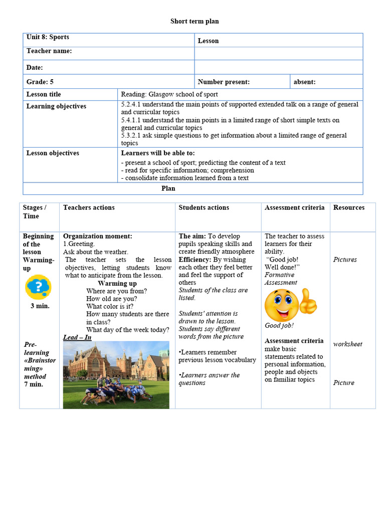 Glasgow School of Sport Lesson Plan | PDF | Reading Comprehension ...