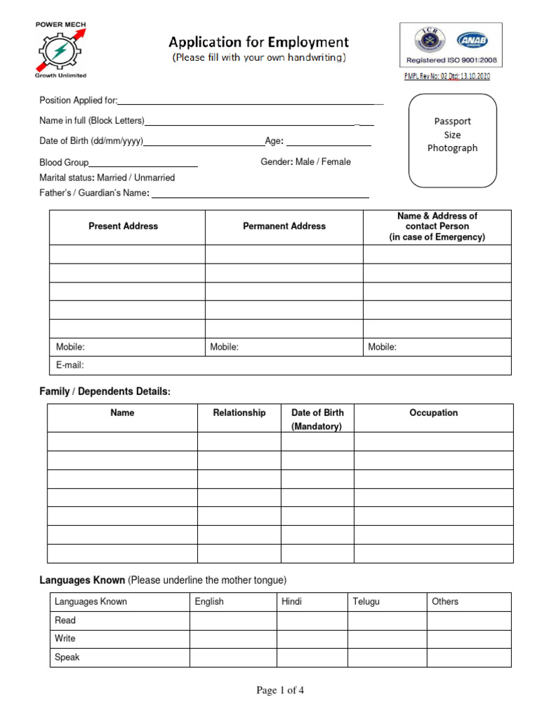 EMPLOYMENT APPLICATION FORM of PMPL | PDF | Labor | Business