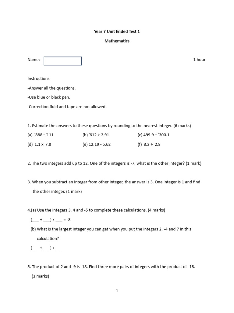 Year 7 Unit Ended Test 1 | PDF | Rounding | Integer