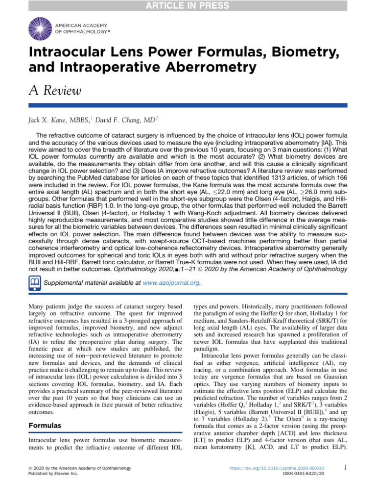 Article - Intraocular Lens Power Formulas, Biometry and Intraopertive Abberometry - kane2020 ...