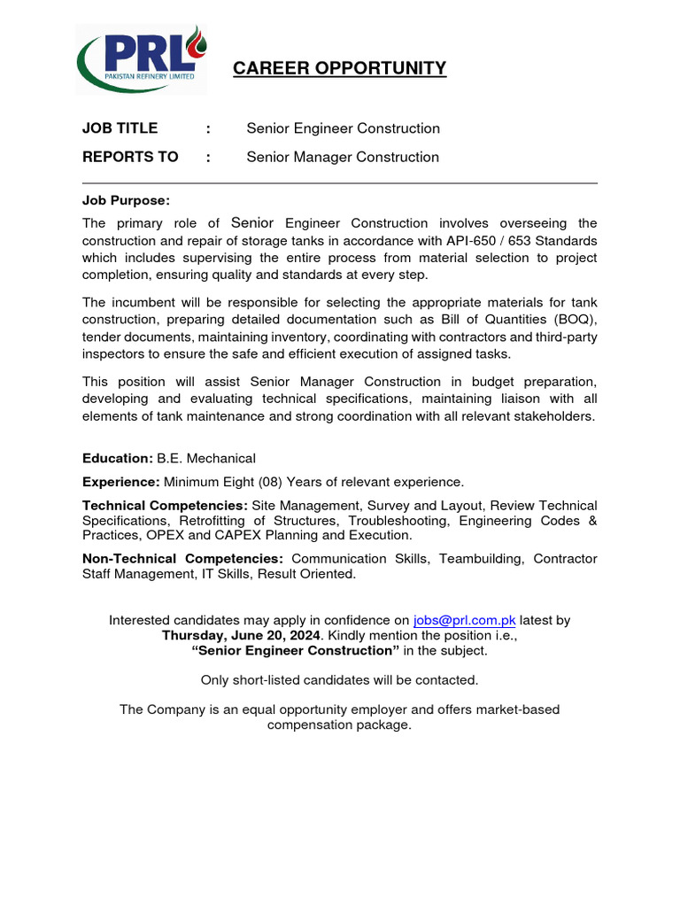 Senior Engineer Construction | PDF