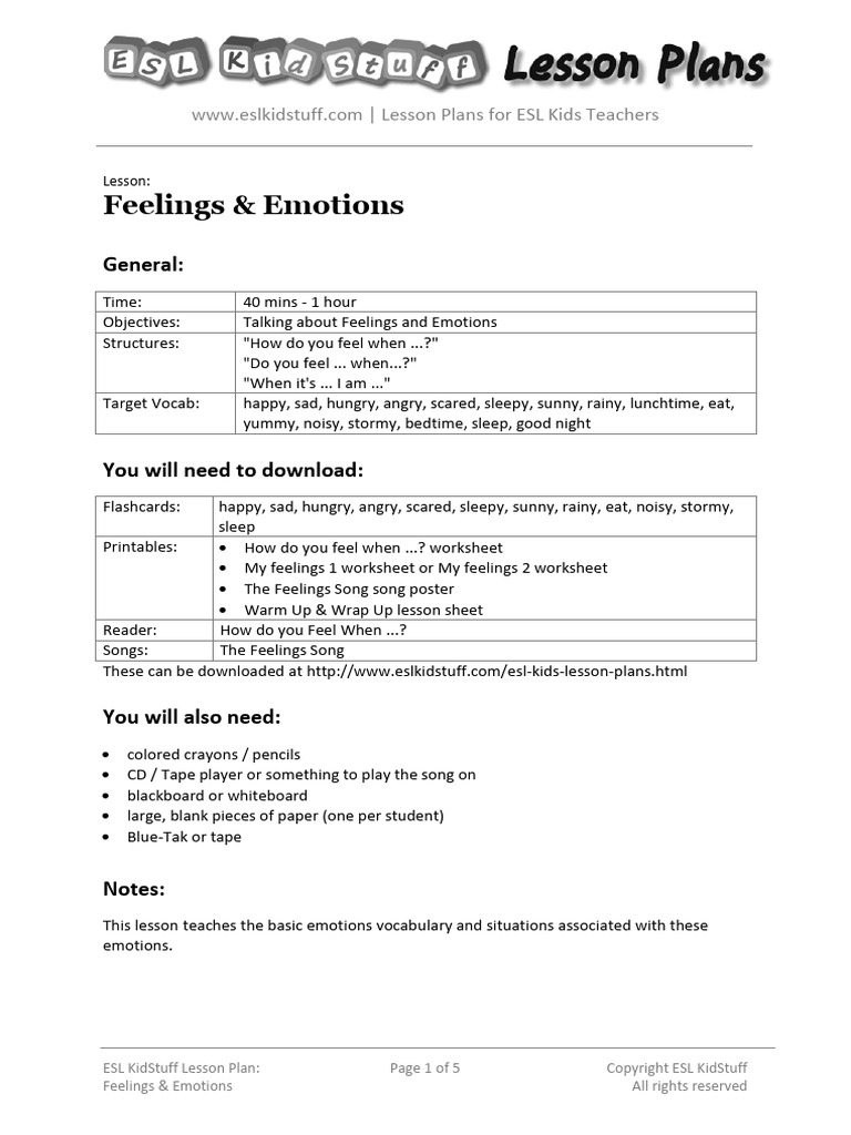 Feelings Emotions Lesson Plan | PDF | Lesson Plan | Worksheet