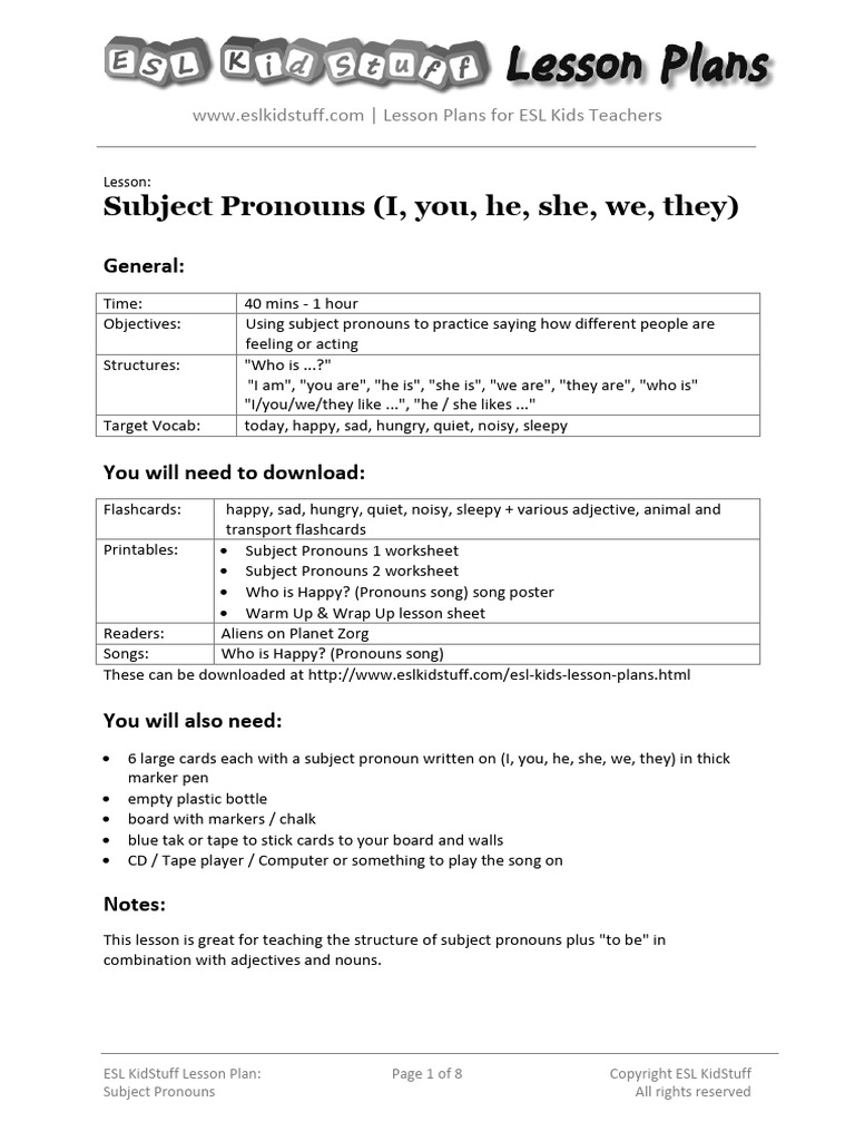 Subject Pronouns Lesson Plan | PDF | Lesson Plan | English As A Second ...