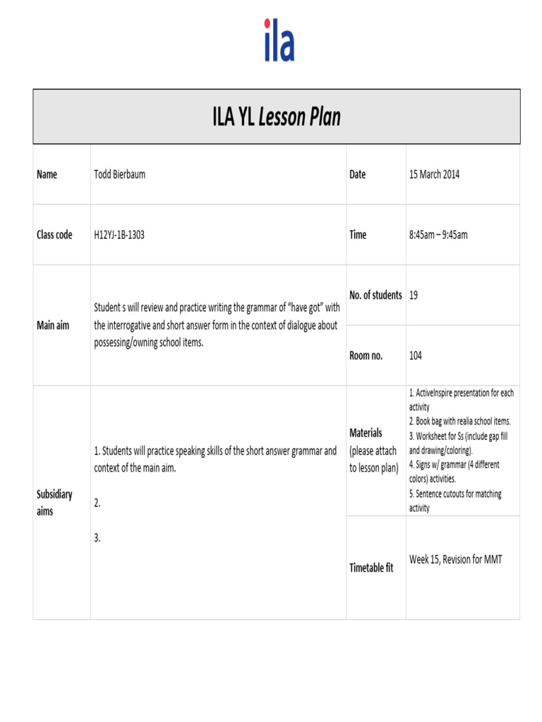 "Have Got" Grammar Lesson Plan | PDF | Teachers | Lesson Plan