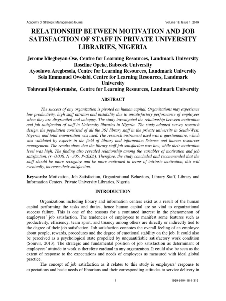 Relationship Between Motivation and Job Satisfaction of Staff in Private University Libraries ...