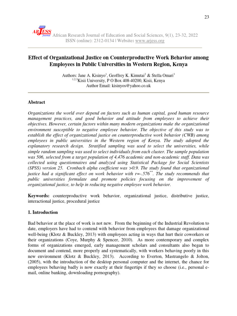 Effect of Organizational Justice On Counterproductive Work Behavior Among Employees in Public ...
