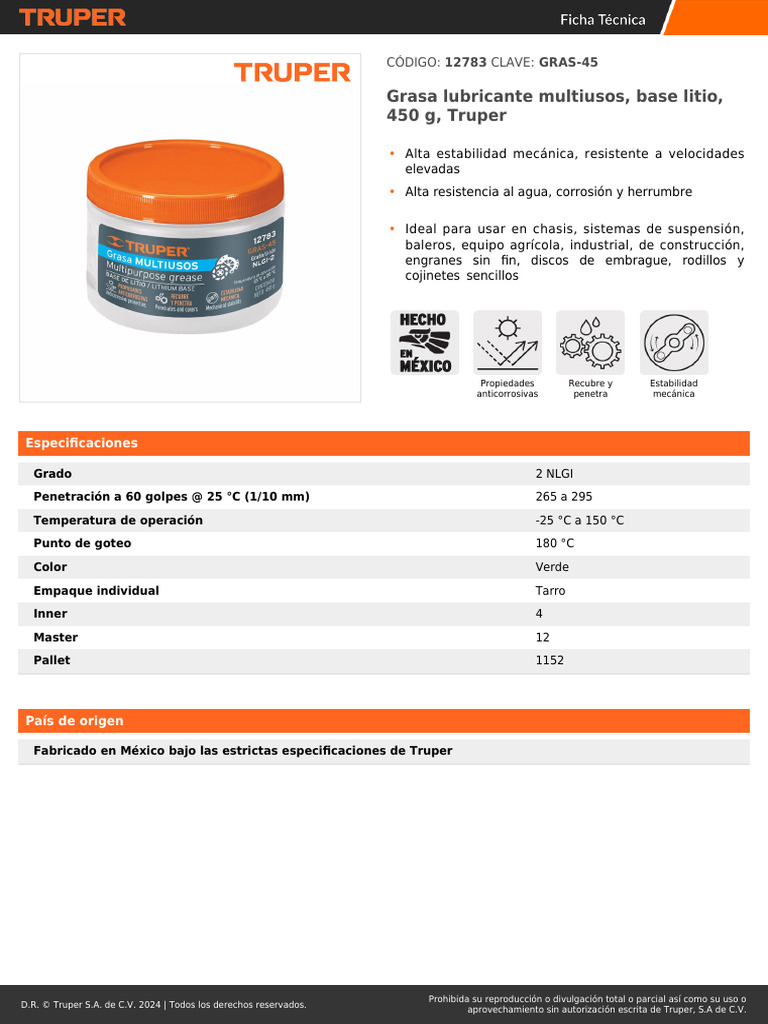 Grasa Lubricante Multiusos Truper 450g | PDF | Materiales