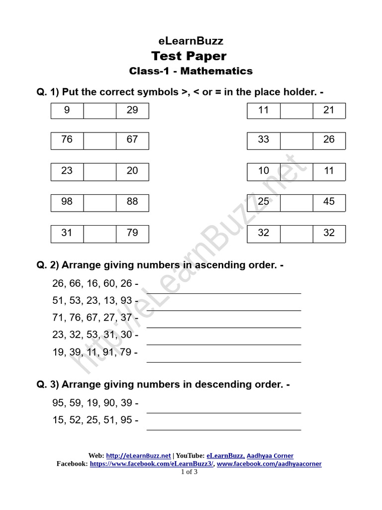Class 1 Mathematics Test Paper | PDF | Mathematics