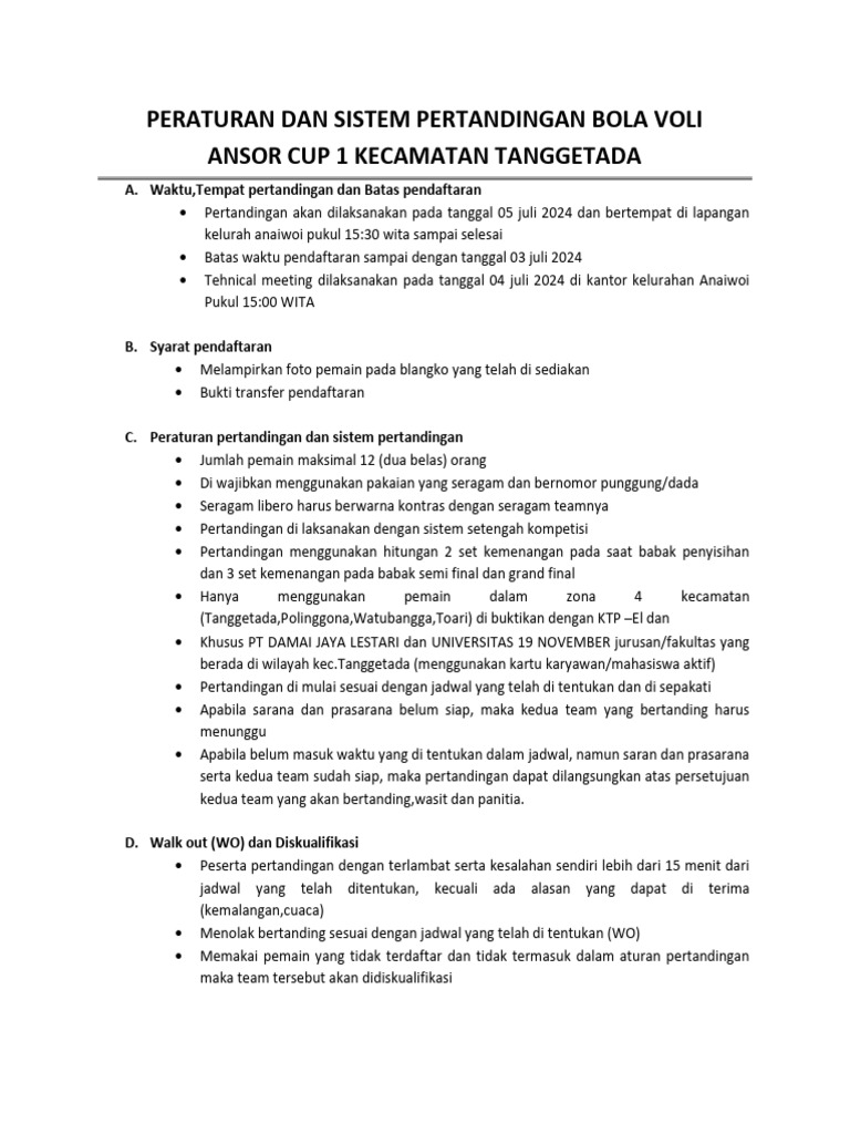 Aturan Pertandingan Ansor Cup 1 Kec - Tanggetada 2024 | PDF