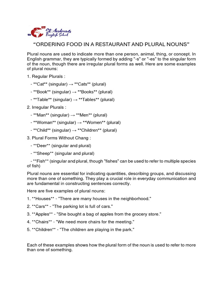 Ordering Food in A Restaurant and Plural Nouns | PDF | Plural ...