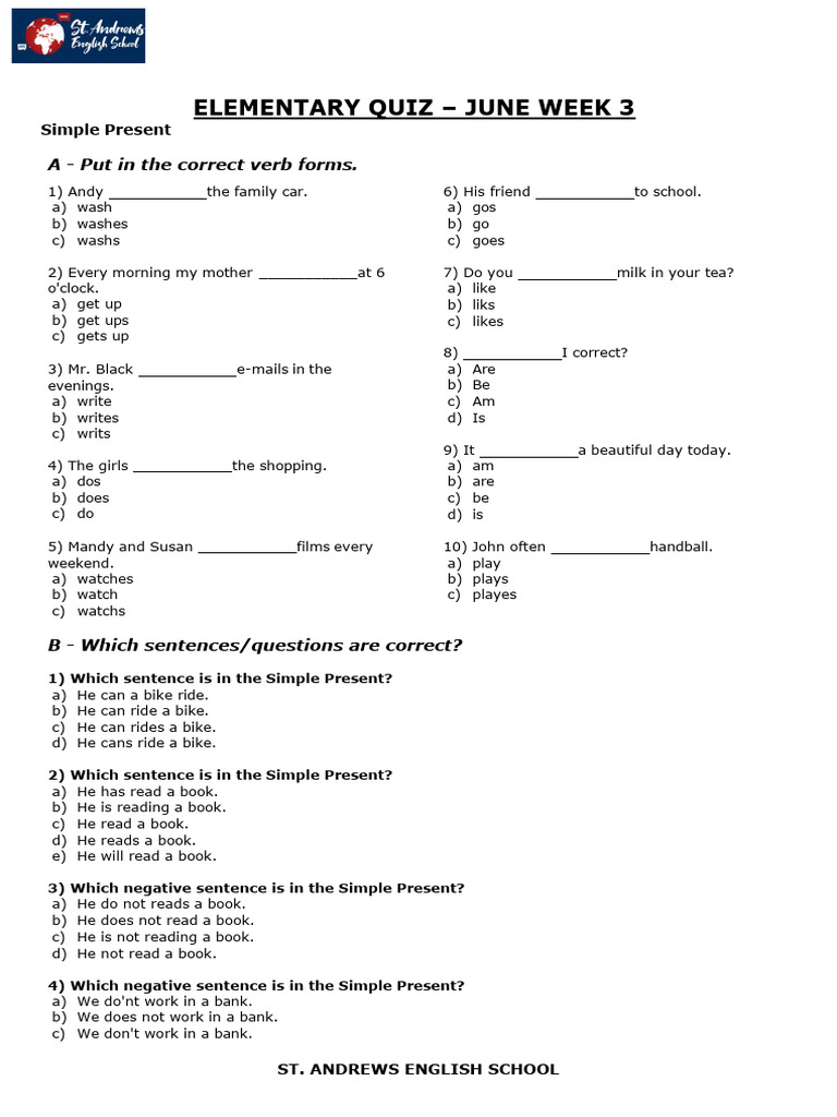 Elementary Quiz - June 20th | PDF