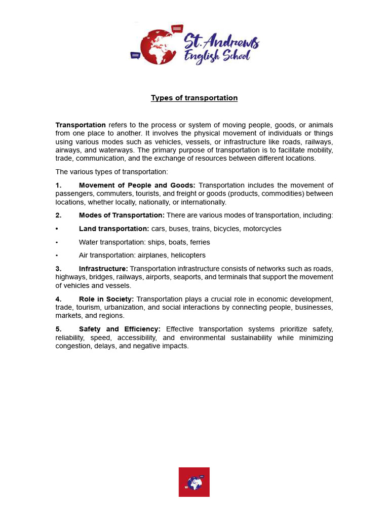 ELEMENTARY - Types of Transportation & Verbs of Motion | PDF ...