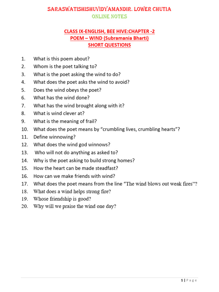 Chapter 2 Poem WInd IX Beehive S. Ques. | PDF