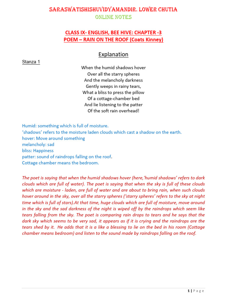 Summary of "Rain on the Roof" Poem | PDF | Weaving | Sky
