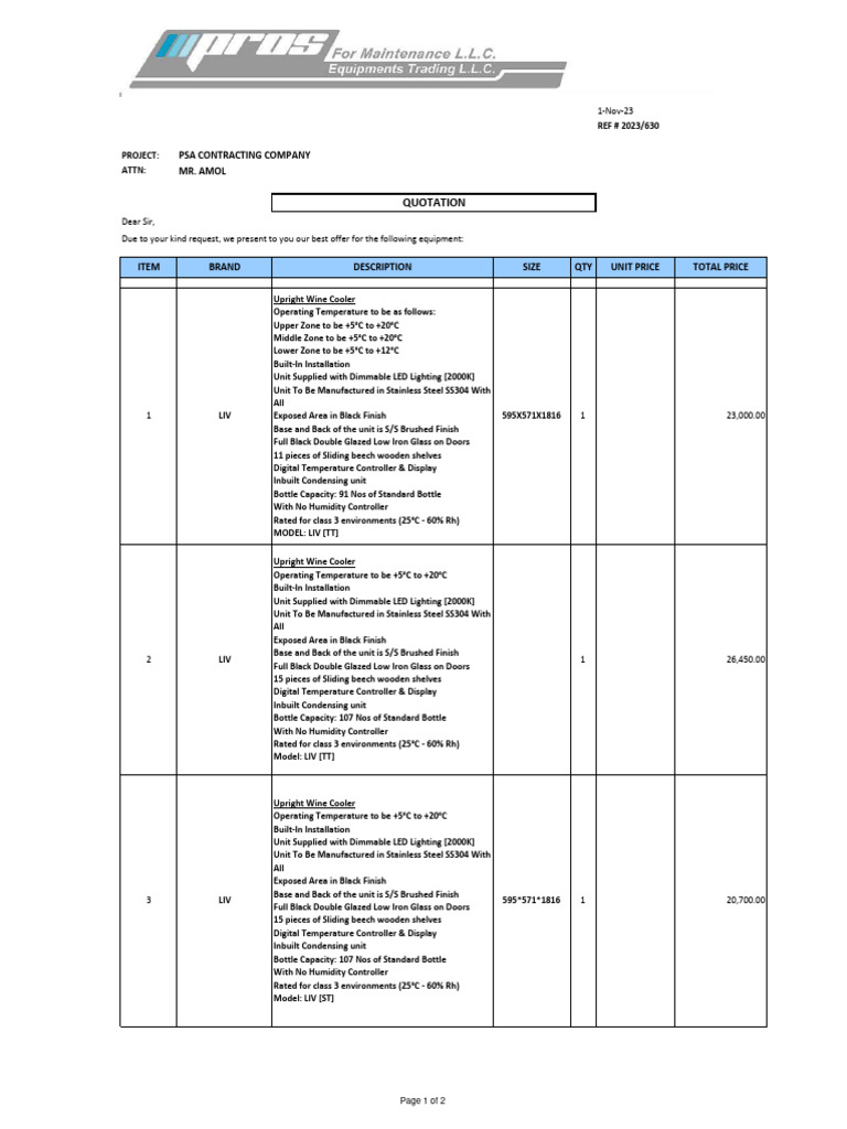 Psa Contracting Company - Ref - 630 - Date-1-11-2023 | PDF | Humidity ...