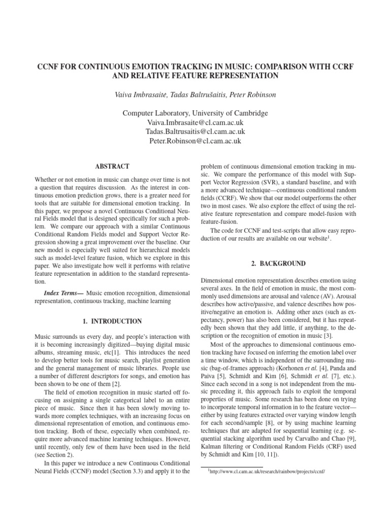 CCNF For Continuous Emotion Tracking in Music Comparison With CCRF | PDF | Cross Validation ...