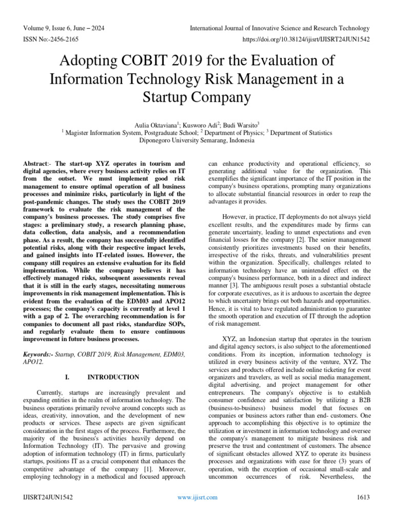Adopting COBIT 2019 For The Evaluation of Information Technology Risk ...