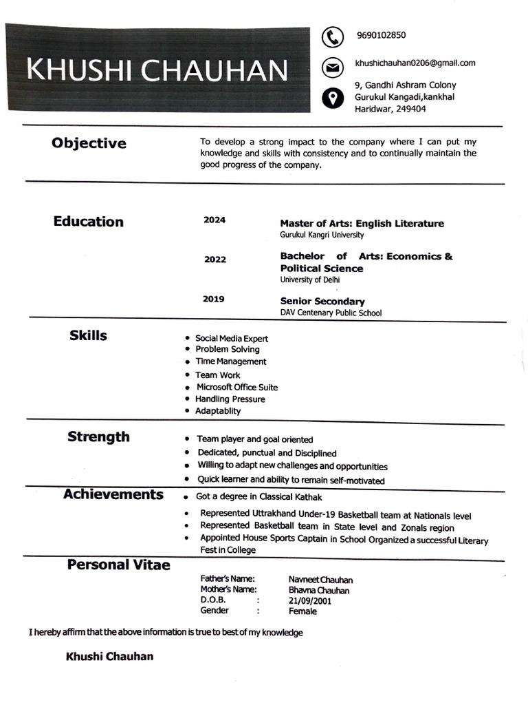 Khushi Chauhan CV | Download Free PDF | Behavior Modification | Learning