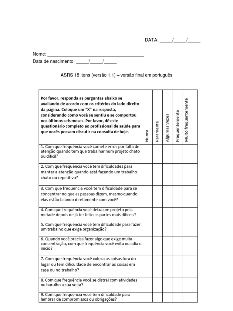 Questionário ASRS-18 para TDAH Adulto | PDF | Transtorno de déficit de ...