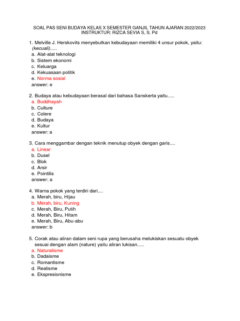 Soal Pas Seni Budaya Kelas X Ganjil | PDF