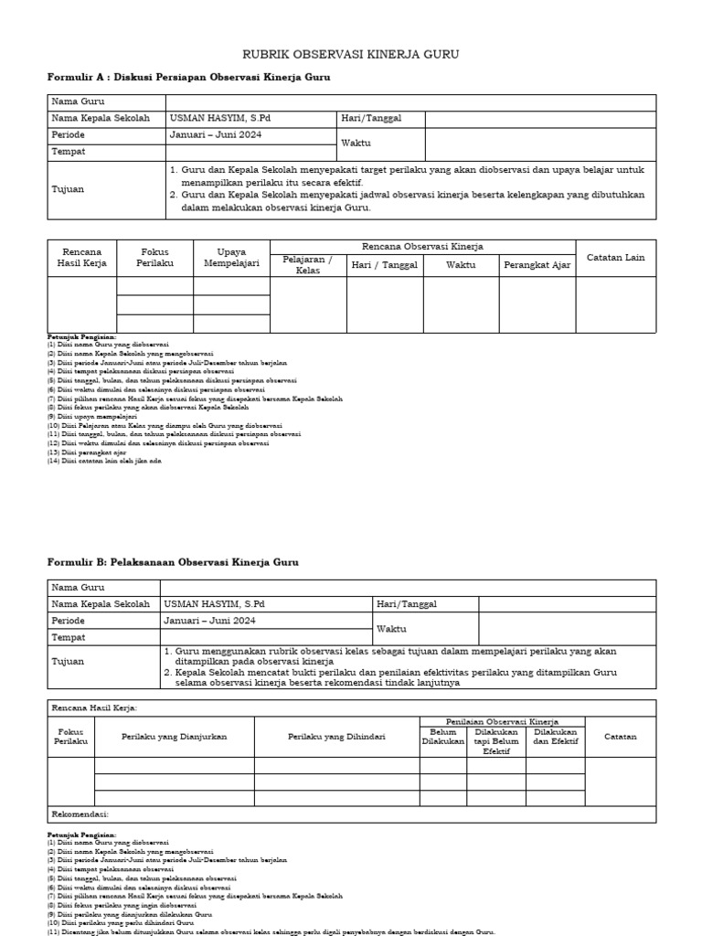 Formulir - Rubrik Observasi Kinerja Guru | PDF