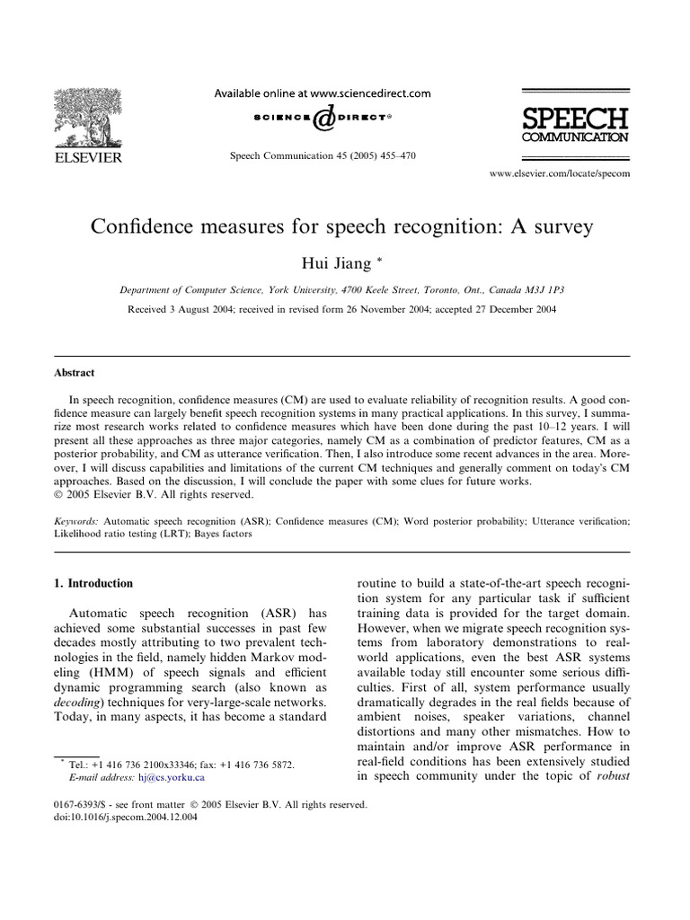 Confidence Measures For Speech Recognition - A Survey | PDF | Speech Recognition | Hypothesis