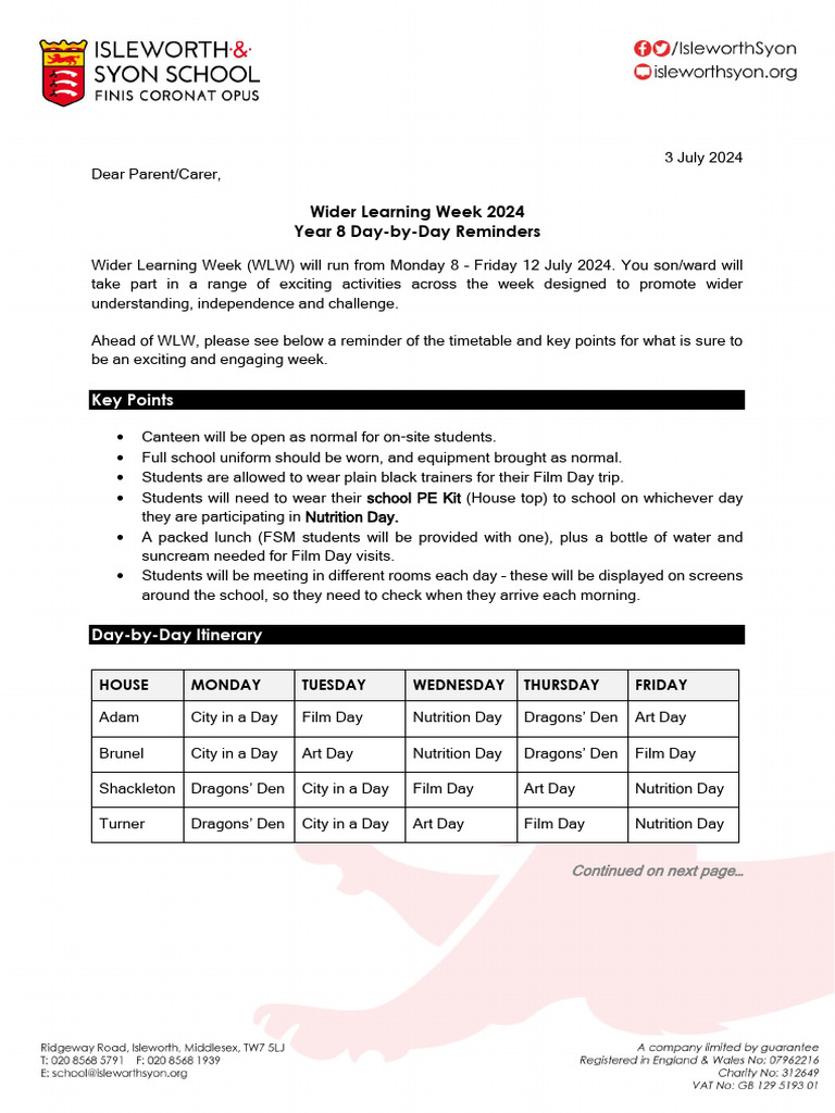 2024-07-03 WLW 2024 - Year 8 Reminders | PDF
