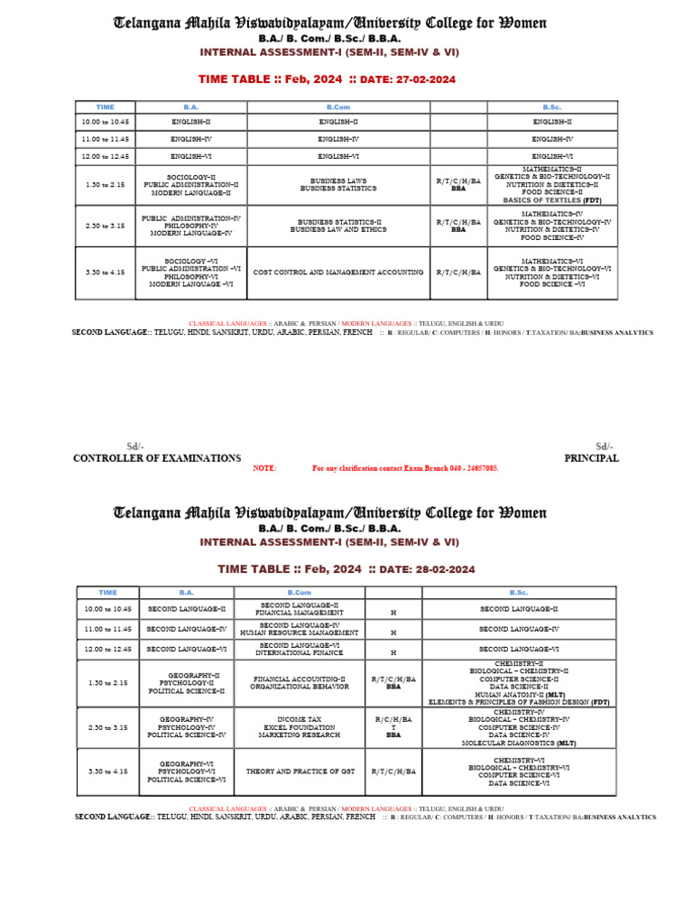 U.G. I-Internal Exams Time-Table - Feb 2024 (II, IV & VI SEM ...