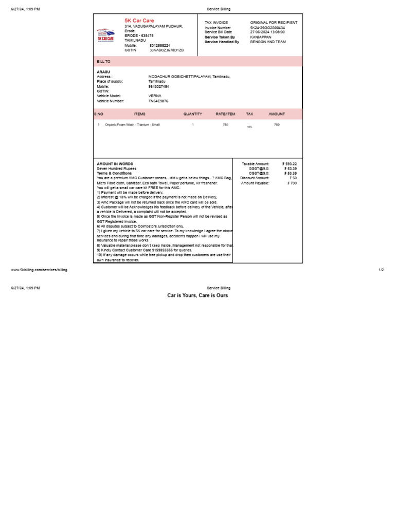 ARASU SERVICE BIL | PDF | Value Added Tax | Invoice