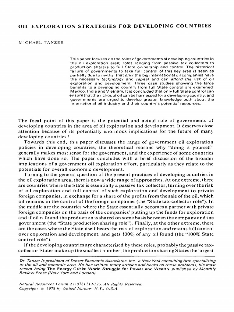 OIL EXPLORATION STRATEGIES FOR DEVELOPING COUNTRIES - Tanzer1978 | PDF ...