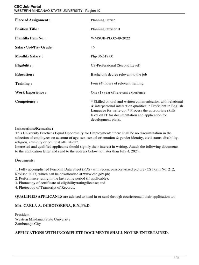 WESTERN MINDANAO STATE UNIVERSITY-Planning Officer II | PDF | Justice ...