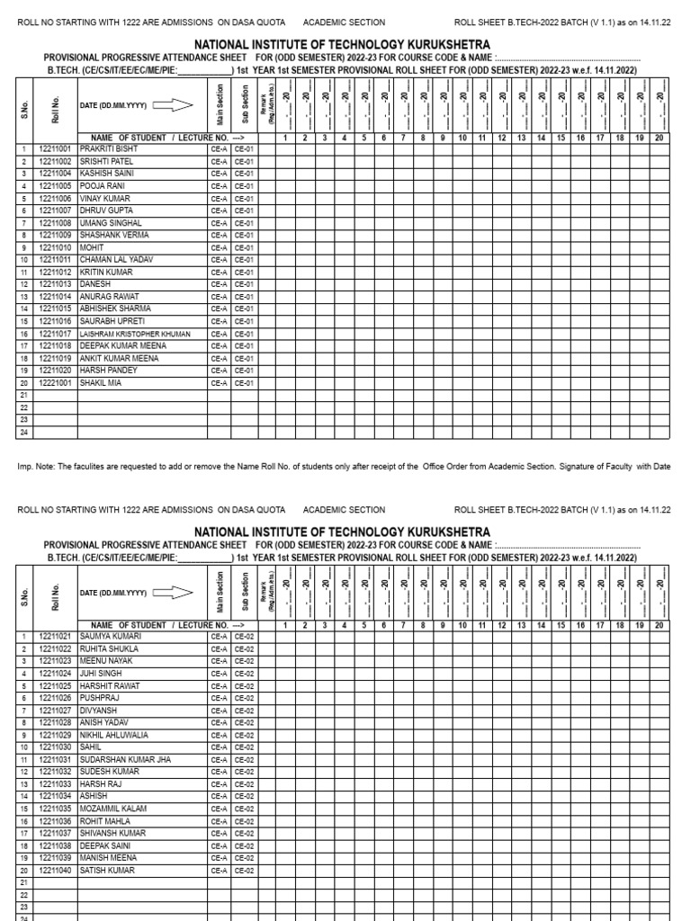 Provisional Roll Sheet of B.tech - 2022 Batch 1st Year 1st Semester Odd Semester A.Y. 2022 23 | PDF