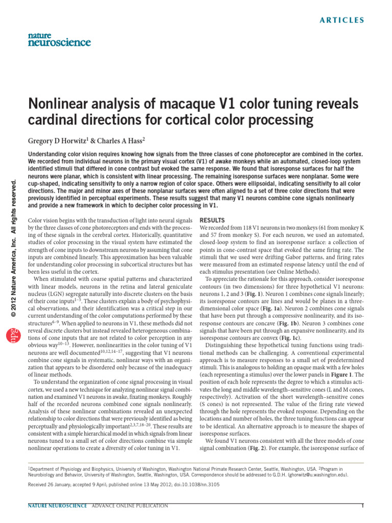 Nonlinear Analysis of Macaque V1 Color Tuning Reveals Cardinal Directions For Cortical Color ...