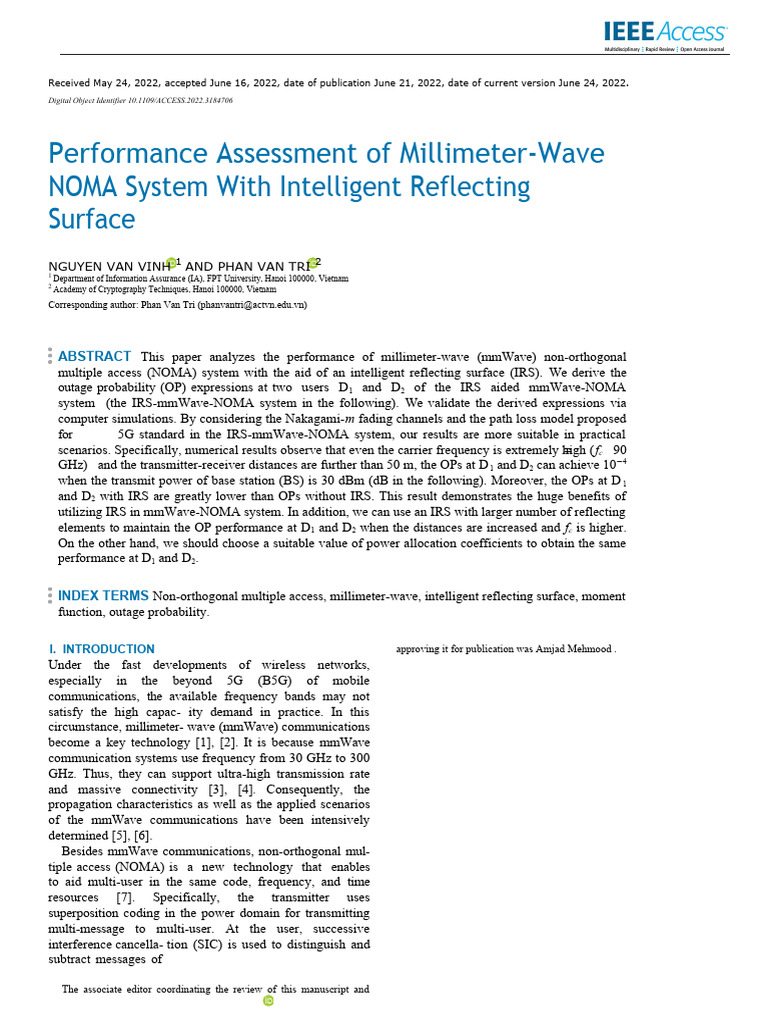 Performance Assessment of Millimeter-Wave NOMA System With Intelligent ... Performance Assessment of Millimeter-Wave NOMA System With Intelligent ...